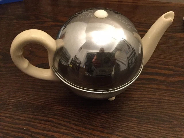 VINTAGE STAY HOT Art Deco Insulated Ceramic TEAPOT in CHROME PLATED ...