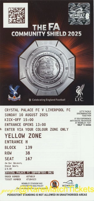 VERY RARE ORIGINAL 2025 community shield CRYSTAL PALACE LIVERPOOL ...