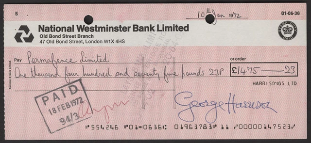 GEORGE HARRISON / THE BEATLES - Signed Cheque / Check - Musician 1972 ...