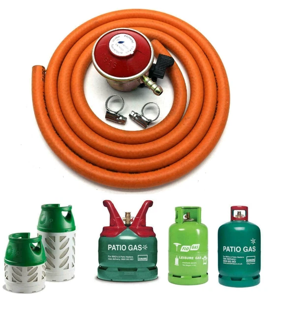 GAS BOTTLE PRESSURE REGULATOR 2m ORANGE FLEXIBLE HOSE CLIP ON CALOR LPG ...