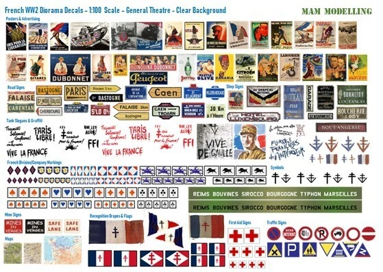 1:100 SCALE FRENCH WW2 Diorama Decals (Posters, Street Signs, Tank ...
