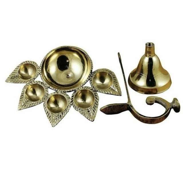 BRASS DIYA PANCH Aarti Oil Lamp KAPOOR Burner + cotton wicks 1 packet ...