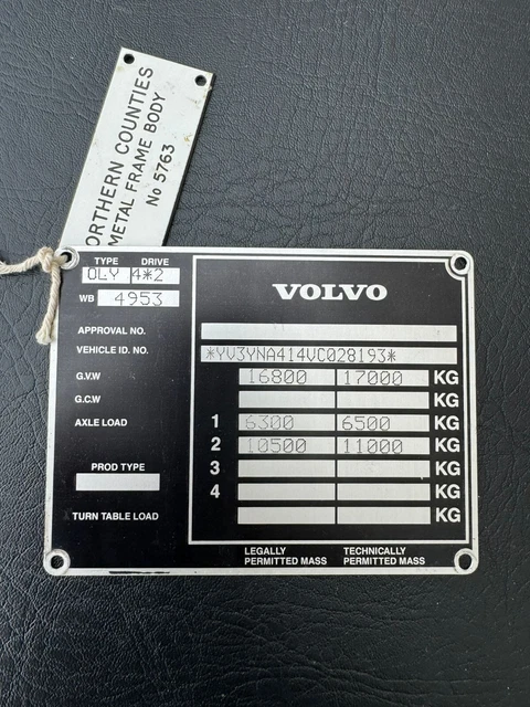 SELKENT NORTHERN COUNTIES Volvo Olympian R97 XNO Bus Chassis Body Plate ...