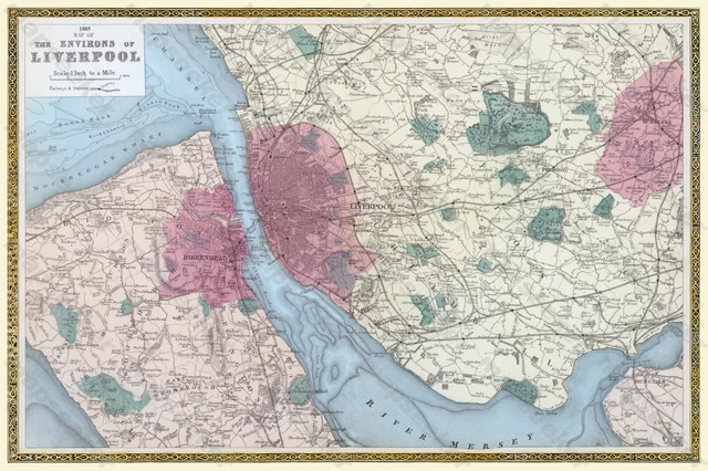 VECCHIA MAPPA DEI DINTORNI di LIVERPOOL 1885 DI GEORGE W BACON 30""X20 ...