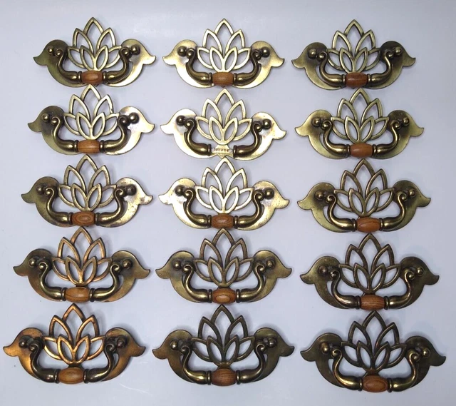VINTAGE LOT (15) Antique KBC Lotus Flower Drawer Pulls, Brass w/ Wood ...