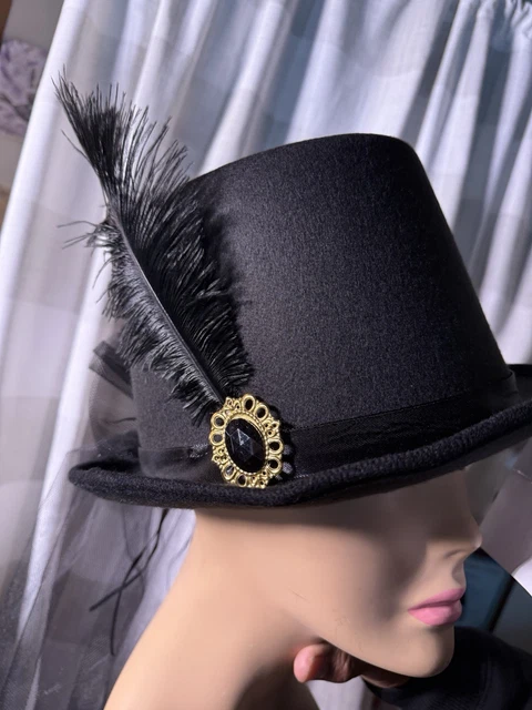 NICKY BIGS WOMENS Black Felt Victorian Style Top Hat with plume & veil ...