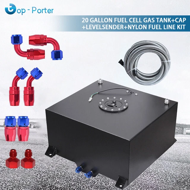 20 GALLON BLACK ALUMINUM FUEL CELL GAS TANK+CAP+LEVEL SENDER+NYLON FUEL ...