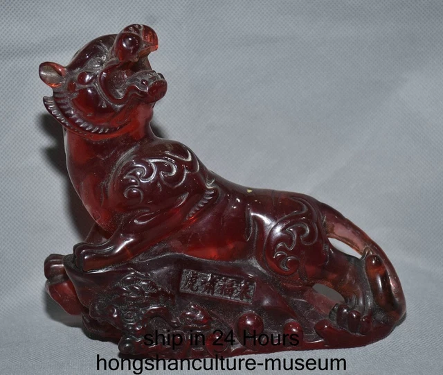 6.4& OLD CHINESE Dynasty Red Amber Carving Fengshui 12 Zodiac Year ...