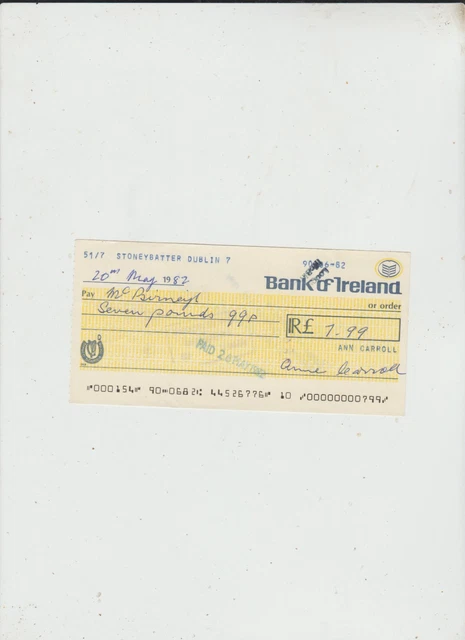 BANK OF Ireland Cheque Dublin 1982 £3.00 - PicClick UK