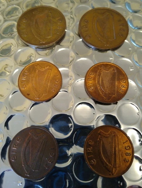6 X COLLECTION DE PIÈCES IRLANDE IRLANDAISE 1982 2x 2 pence & 4x 1 penny 2p 1p pennies EIRE EUR ...