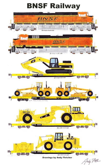 BNSF CONSTRUCTION TRACTOR Train 11"x17" Poster by Andy Fletcher signed ...