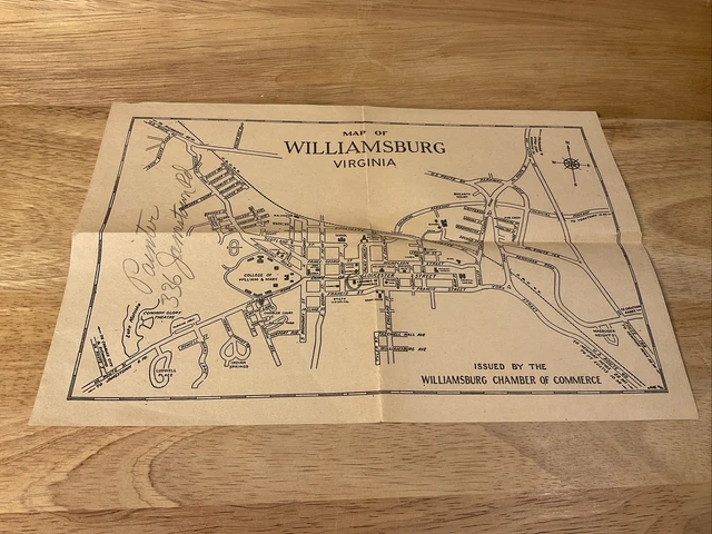 VINTAGE MAP OF Williamsburg, VA Issued By The Williamsburg Chamber Of ...