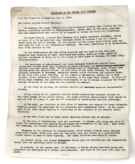 WWII US ARMY Intelligence CAMUNIQUE OF GERMAN HIGH COMMAND Document £22 ...