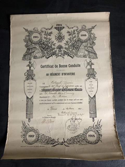 CERTIFICAT DE BONNE conduite Guerre 14-18 d’un Poilu du 46e RI Vauquois Somme EUR 18,00 ...