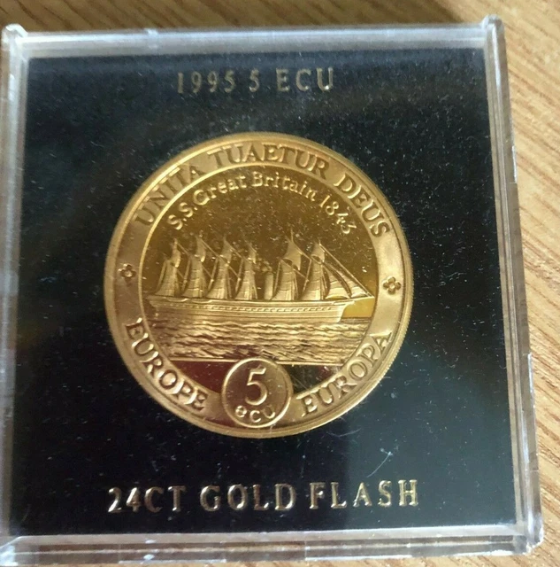 1995 5 ECU COIN FEATURING THE SHIP S.S. GREAT BRITAIN. 38 mm 24ct gold ...