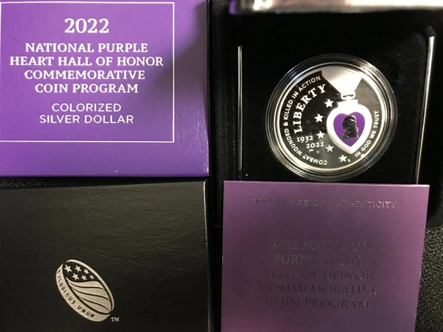 2022 NATIONAL PURPLE Heart Hall of Honor Colorized Silver Dollar 22CQ £ ...