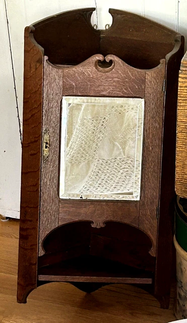 ANTIQUE OAK WALL Corner Cabinet Lock & Key Eastlake Escutcheon Beveled ...