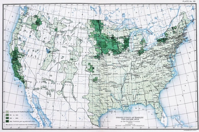 OLD 1900 UNITED States Map ORIGINAL LARGE Farming Agriculture Barley ...