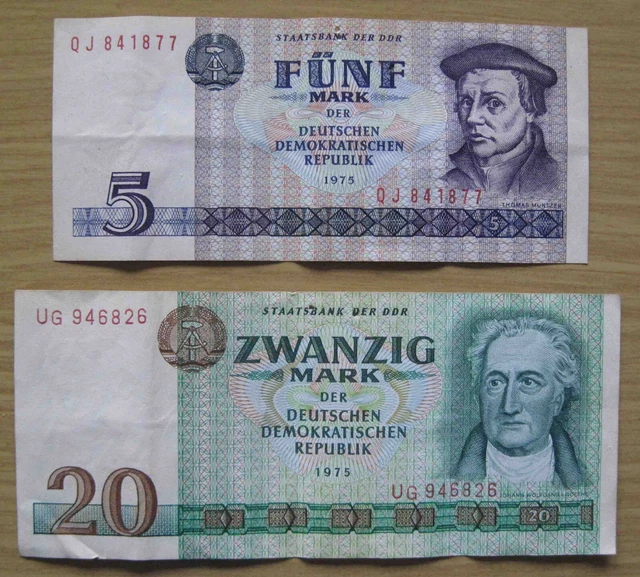 DDR GELDSCHEINE/BANKNOTEN 5 + 20 Mark 1975 EUR 5,00 - PicClick DE