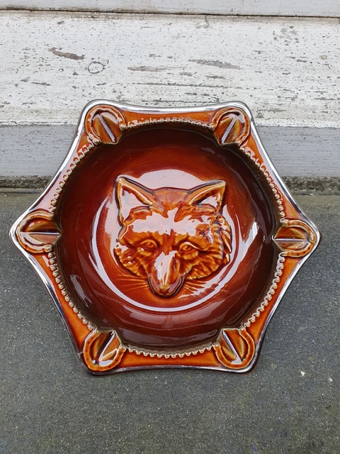 VINTAGE SYLVAC POTTERY Ceramic Brown Fox Head Horseshoe Silver Edge Ash ...