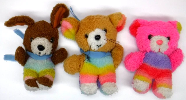 RARE VINTAGE 80S Rainbow Plush Lot (Bear, Bunny, Dog) Small 15cm Retro ...