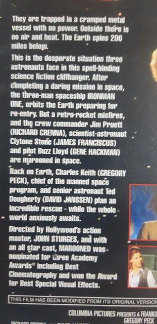 MAROONED VHS TAPE Starring Gregory Peck & Gene Hackman A space Odyssey ...