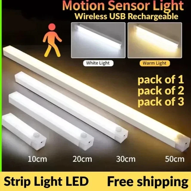 STRIP LIGHT LED PIR Motion Sensor Wireless USB Rechargeable Cabinet ...