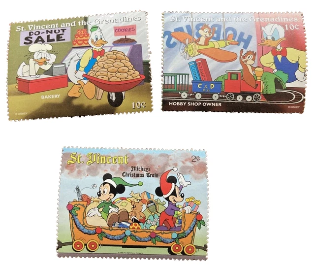 3 DISNEY Stamps St. Vincent & The Grenadines Donald/Mickey/ Minnie/Chip ...