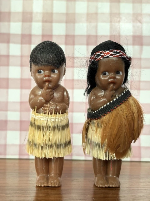 ANTIQUE NEW ZEALAND Māori Tribal Doll Pair w/Grass Skirts 1950s Small ...