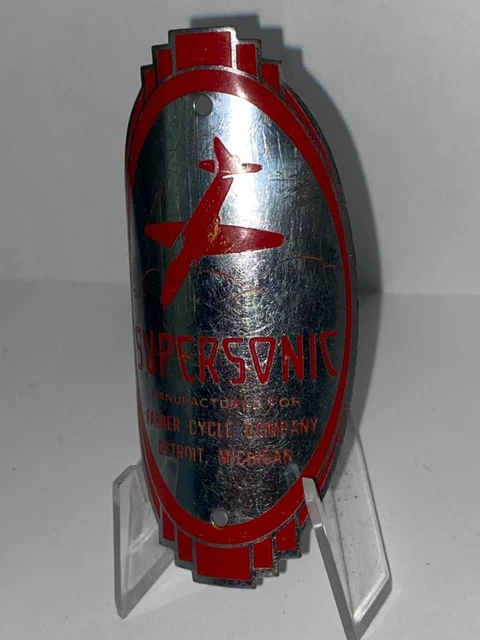 NOS ANTIQUE SUPERSONIC bicycle HEAD BADGE Farber Cycle Co Schwinn ...