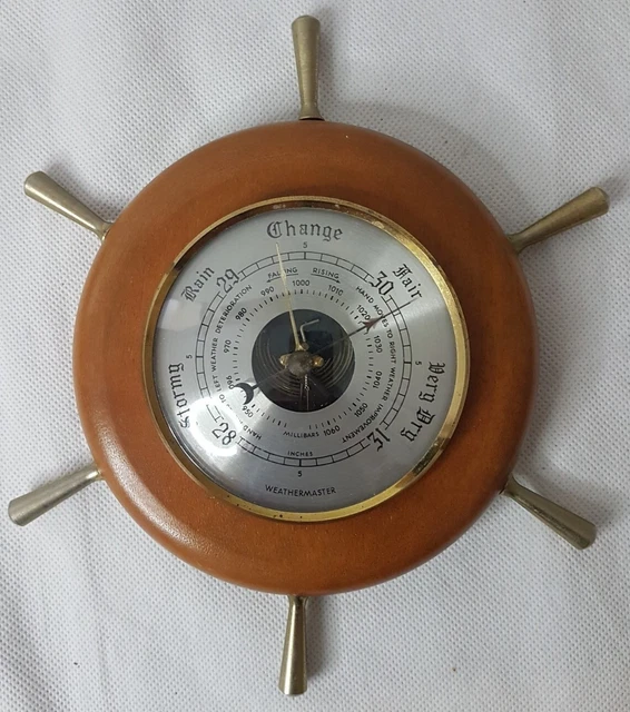 WEATHERMASTER BAROMETER SHIPS Wheel Design Vintage Hard Wood Brass Rare ...
