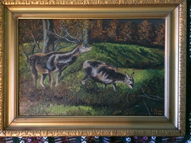 GRAND ANCIEN TABLEAU peinture signée L. SUEUR 1948, couple CERFS foret ...