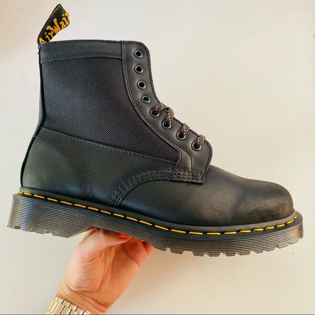 NEW DR DOC MARTENS Black Leather Canvas Panel Inset Lace Up Combat ... NEW DR DOC MARTENS Black Leather Canvas Panel Inset Lace Up Combat ...
