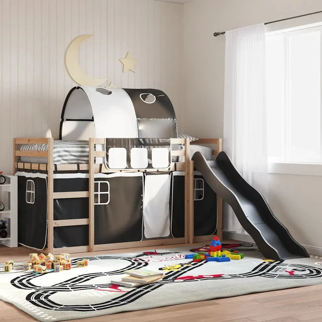 WALPLUS WHITE BLACK Bunk Bed With Slide Without Mattress Kids 90x200 cm ...