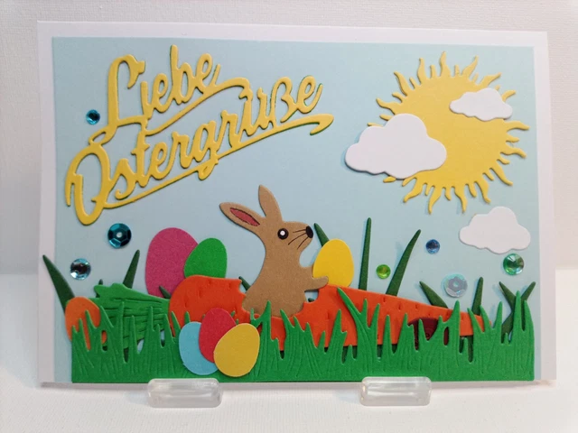 E026 OSTERKARTE MIT Hase und Möhre Grußkarte Karte Klappkarte 100 % Handarbeit EUR 3,25 ...