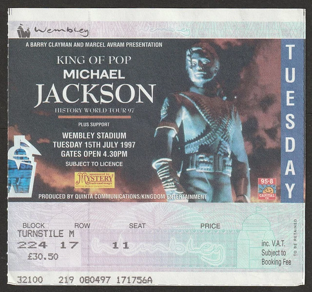 MICHAEL JACKSON TICKET Billet HISTORY TOUR Stub Wembley England UK 1997 ...