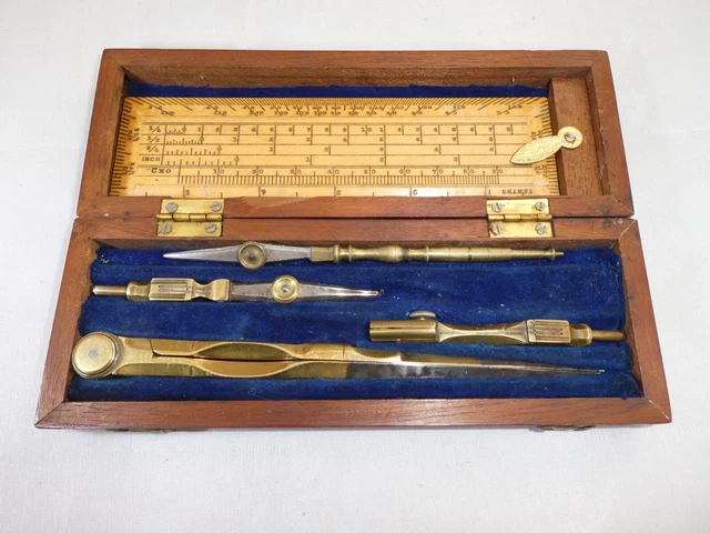 ANTIQUE BRASS DRAWING instruments mahogany case $38.01 - PicClick