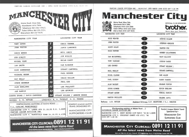 6 X MANCHESTER City v Leicester City Reserve 85-86 to 97-98 team sheets ...
