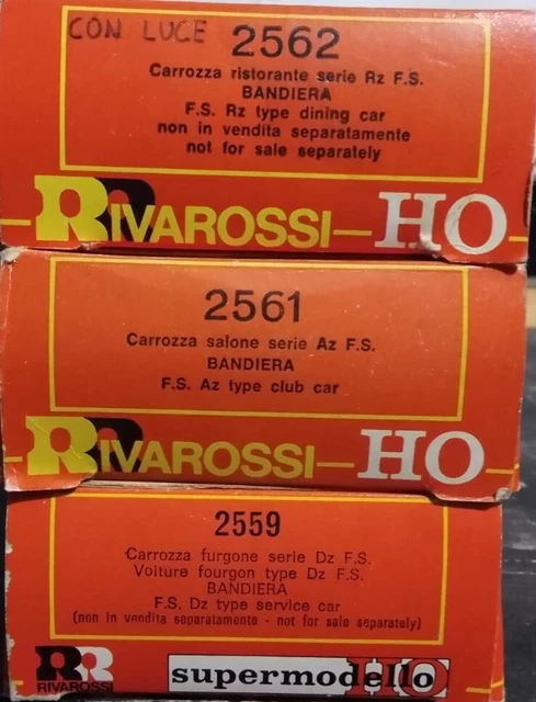 RIVAROSSI 2559+2561+2562 FS "Treno Bandiera" Salone+Ristorante+Bagagli scala H0 EUR 150,00 ...