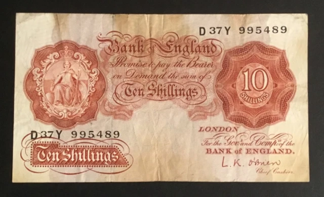 BANKNOTE OF ENGLAND Ten Shillings LK. Obrien. D37Y. Circulated ...