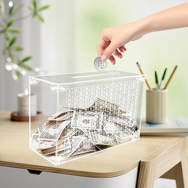 TRANSPARENT PIGGY BANK Coin Cash Container Money Box Goal 5000 Money ...