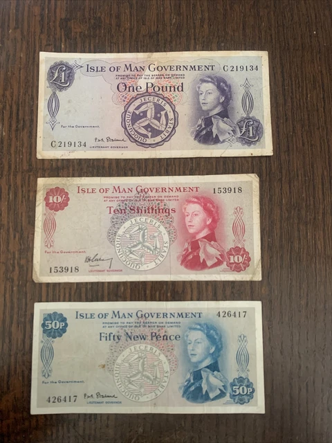 ISLE OF MAN Government Bank Notes 10 Shillings One Pound And Fifty New ...