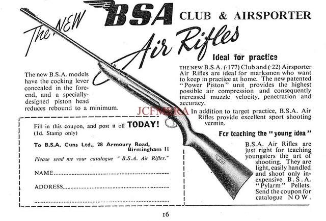 BSA '.177 CLUB & .22 Airsporter' Air Rifles ADVERT Small 1950s Print Ad ...