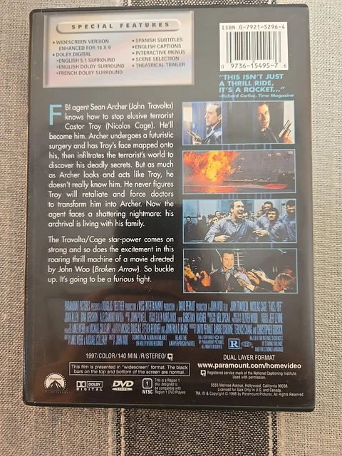 FACE/OFF DVD 1997 Nicolas Cage John Travolta Canadian Bilingual ...