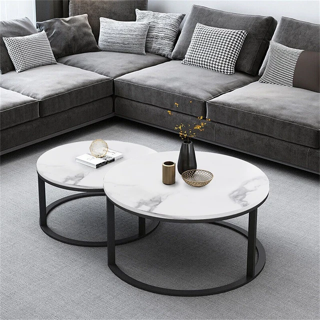 COFFEE TABLE SET of 2 Round Nesting Table Marble Pattern Side Table End ...