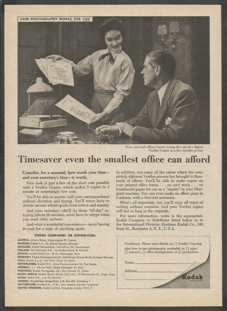 KODAK VERIFAX COPIER - 5 copies in 1 minute - 1957 Vintage Print Ad £9. ...