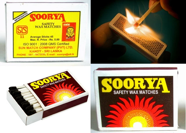 SAFETY MATCH MATCHSTICK Box made in SriLanka "Soorya" Wax Matches 45 ...