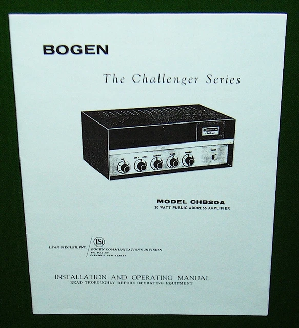 BOGEN CHALLENGER CHB20A Amplifier Operating MANUAL with Schematic CHB20 ...