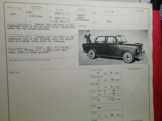FIAT 1200 1958 Police Identification Sheet Leaflet Brochure. EUR 5,45 ...