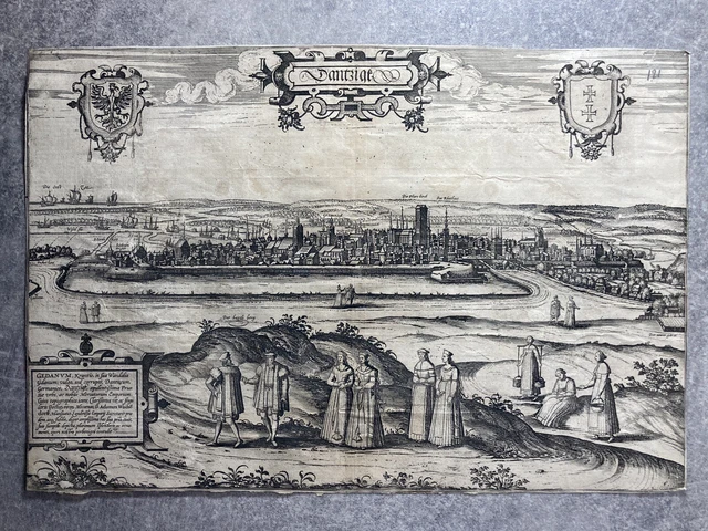 GRAVURE CARTE DANTZIG (GDANSK) « DANTZIGT » XVIe. GEORG BRAUN / FRANS ...